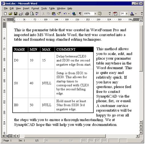 application note importing parameter table text into word