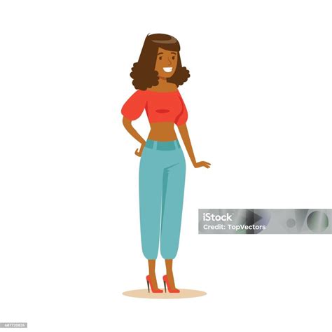캐주얼 어두운 피부 여자 서입니다 화려한 만화 캐릭터 벡터 일러스트 레이 션 갈색에 대한 스톡 벡터 아트 및 기타 이미지