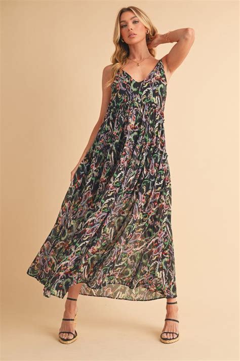 Aemi Co Printed V Neck Frill Tiered Cami Dress Velvet Noire Boutique