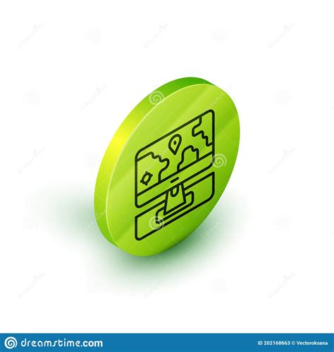 Isometric Line Computer Monitor And Folded Map With Location Marker Icon Isolated On White