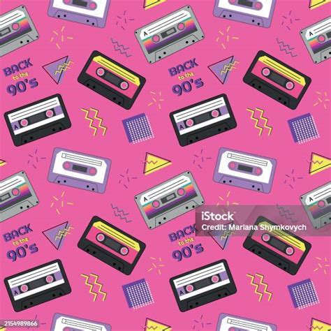 90년대 스타일의 밝은 이음매 없는 패턴과 오디오 카세트 벡터 일러스트 레이 션 테크노 음악에 대한 스톡 벡터 아트 및 기타 이미지 테크노 음악 1900 1909 년