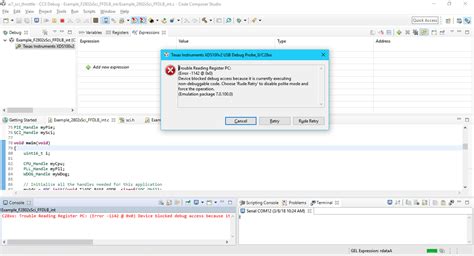 CCS LAUNCHXL F F ERROR RUNNING EXAMPLE CODE OF Example F XSci FFDLB Int C