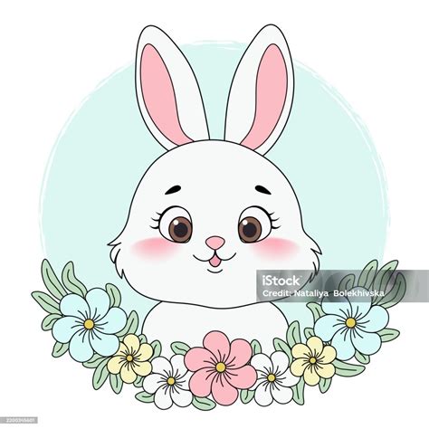 귀여운 부활절 토끼는 파스텔 서클 배경에 화려한 꽃으로 둘러싸여 투명 배경에 고립되어 있습니다 즐거운 부활절 보내세요 아동복이나 인사말 카드에 인쇄하기에 이상적입니다 벡터
