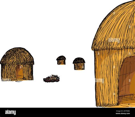 Illustration Of Four Traditional Straw Huts And A Fire Pit Stock Vector