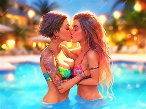 Premium Ai Image Two Beauty Hot Anime Lesbian Girls Kissing In Pool