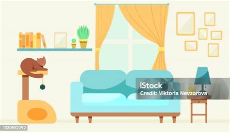 아늑한 거실 고양이는 집 소파 창문에서 잠을 자고 있습니다 0명에 대한 스톡 벡터 아트 및 기타 이미지 0명 가구 꽃병 Istock