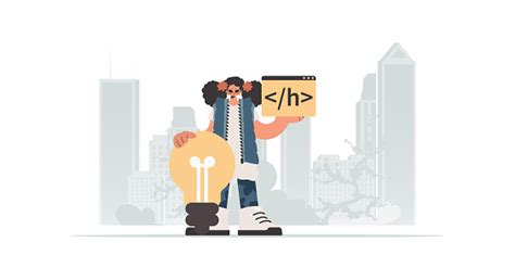 젊은 아가씨는 프로그래밍 이미지가 있는 브라우저 창을 들고 있으며 추가로 거대한 전구 가까이에 서 있습니다 트렌디한 스타일 벡터