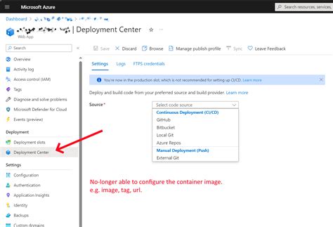 update app service container image configuration in azure portal