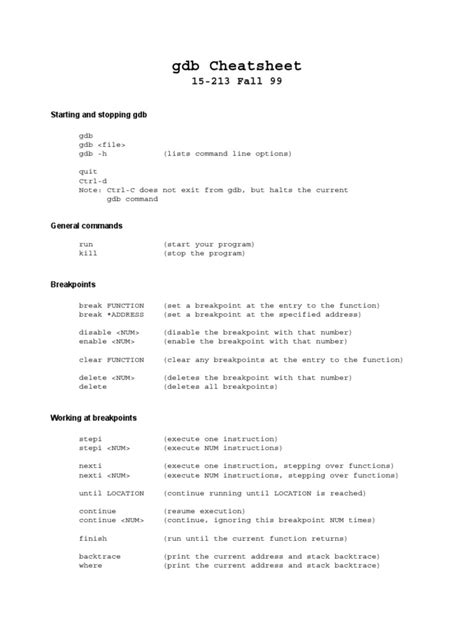 Gdb Cheatsheet 15 213 Fall 99 Pdf Byte Computer Programming