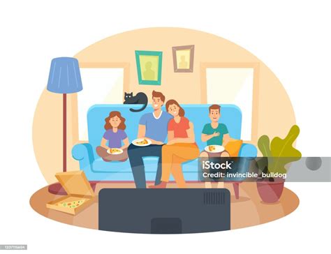 홈 시네마 컨셉 주말에 Tv를 보고 피자를 먹는 행복한 가족 아이들과 부모 캐릭터는 주말에 소파에 앉아 가족에 대한 스톡 벡터 아트 및 기타 이미지 Istock