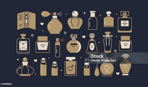 글리프 아이콘이 있는 향수 병 포스터 벡터 수평 일러스트에는 아이콘 유리 분무기 고급 퍼퓸 샘플러 에센셜 오일 화장품 매장 전단지용 쾰른 골드 픽토그램 브로셔 포함 0명에