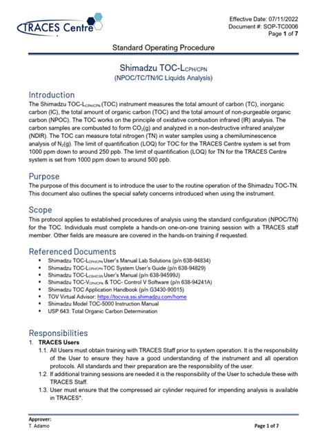 Traces Toc Analyzer Sop Pdf Total Organic Carbon Physical Sciences