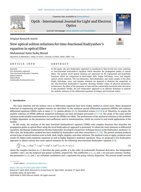 Pdf New Optical Soliton Solutions For Time Fractional Kudryashovs Equation In Optical Fiber