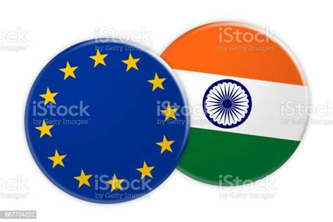 뉴스 개념 Eu 깃발에 인도 플래그 단추 백색 배경에 3d 그림 무역에 대한 스톡 벡터 아트 및 기타 이미지 무역 유럽 연합 유럽연합기 Istock
