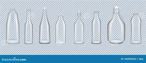 Set Of Relistic 3d Glass Bottles Cans Of Various Shapes Stock Vector