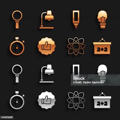 손 엄지 손가락 아이디어의 개념으로 전구 칠판 원자 스톱워치 마커 펜 돋보기 및 테이블 램프 아이콘을 설정합니다 벡터 건축물에 대한 스톡 벡터 아트 및 기타 이미지 Istock