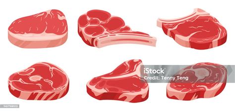 만화 생고기 스테이크 돼지고기 또는 붉은 쇠고기 스테이크 흰색 배경에 신선한 원시 필레 평면 벡터 그림 양고기에 대한 스톡 벡터 아트 및 기타 이미지 Istock