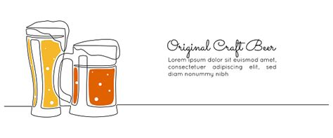 거품이있는 두 개의 맥주 잔의 연속 한 줄 그리기 메뉴를위한 바 및 펍 개념을위한 간단한 선형 스타일의 음료 알코올 에일을 제작하십시오 옥토버 페스트 장비 낙서 벡터