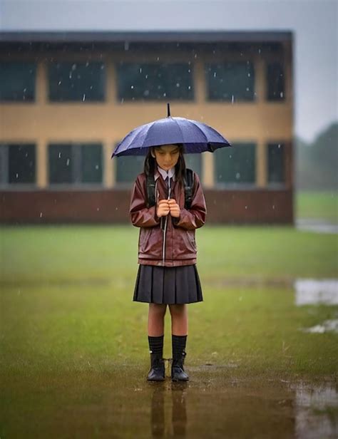 Premium Photo A Girl Is Standing In A School Field Now That It Is Raining