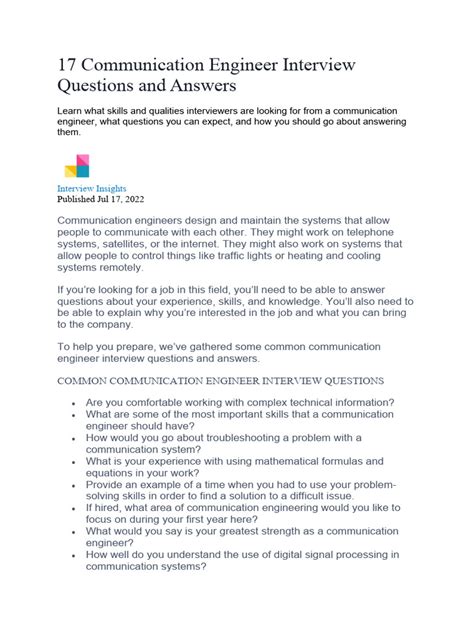 17 Communication Engineer Interview Questions And Answers Pdf