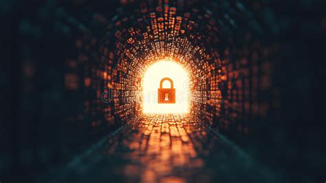 A Glowing Lock At The End Of A Binary Matrix Tunnel Symbolizes Digital Security And Intrigue