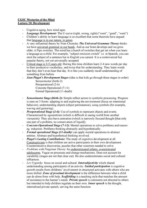Cgsc Mysteries Of The Mind Notes Lecture 10 Cgsc Mysteries Of The Mind Lecture 10 Development