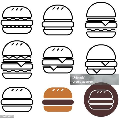 햄버거 아이콘 세트 흰색 배경에서 격리된 웹 디자인용 버거 벡터 아이콘 의 개요 세트 가공육에 대한 스톡 벡터 아트 및 기타 이미지 가공육 건강에 좋지 않은 음식