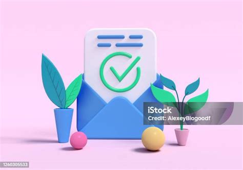 3d 렌더링 비즈니스 전자 메일 종이에 표표가 있는 봉투를 엽니다 승인된 계약 승인된 문서 확인 성공적인 구독 확인 3차원 형태에 대한 스톡 사진 및 기타 이미지 Istock