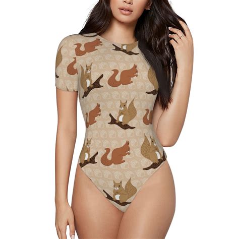 Salouo Squirrel Nut Backgrounds For Womens Short Sleeve Bodysuit Sexy