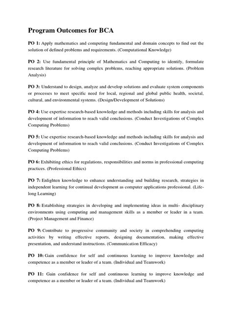 Bca Program Outcomes Program Specific Outcomes And Course Outcomes