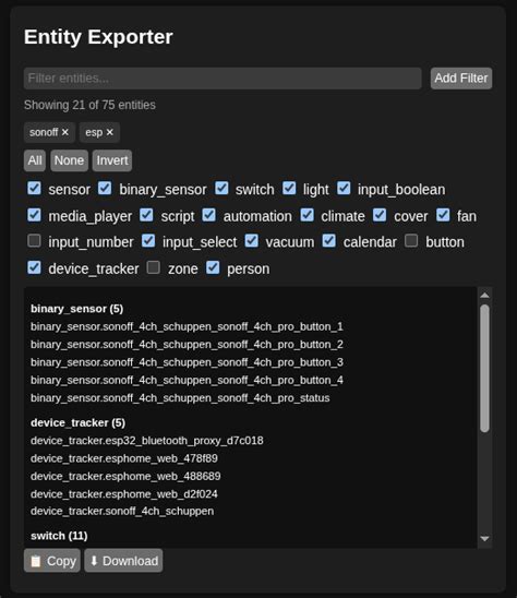 Github Scharcha Entity Exporter Card Home Assistant Card For Filtering And Exporting