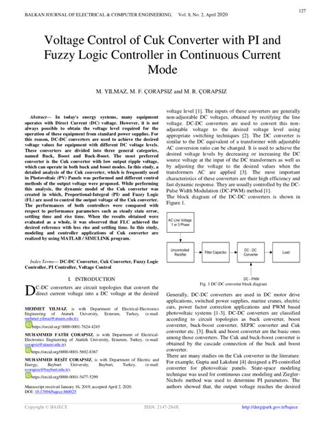 Pdf Voltage Control Of Cuk Converter With Pi And Fuzzy Logic