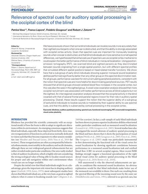 Pdf Relevance Of Spectral Cues For Auditory Spatial Processing In The Occipital Cortex Of The