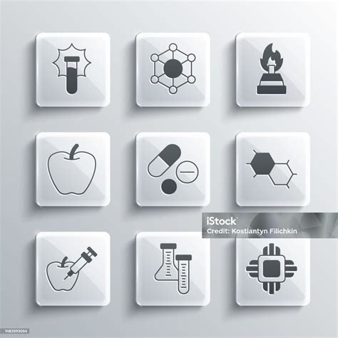 시험관 프로세서 Cpu 화학식 약 알약 정제 유전자 변형 사과 사과 플라스크 폭발 및 알코올 스피릿 버너 아이콘을 설정합니다