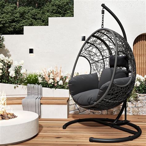Outdoor Wicker Swing Egg Chair Pe Wicker Hanging Egg Chair With Stand Uv Resistant Removable