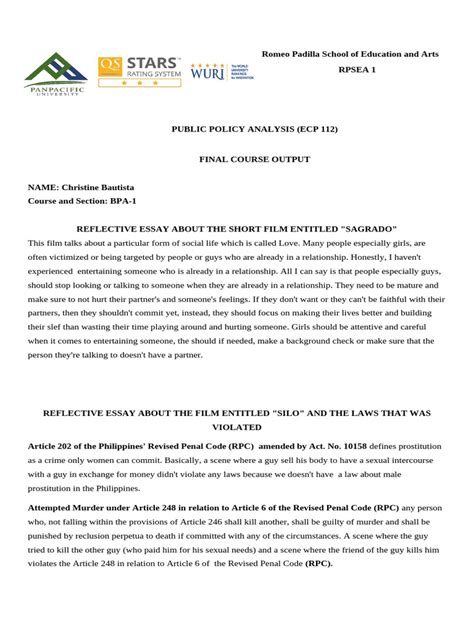 Reflective Essays On Social Issues In Films Pdf Sex And The Law