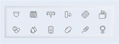 월경 아이콘 세트입니다 생리 기간 생리주기 경련 패드 탐폰 생리 컵 통증 완화 개념입니다 비즈니스를 위한 벡터 라인 아이콘 0