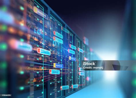 server room 3d illustration with node base programming data design