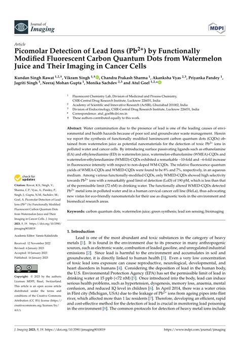 Pdf Picomolar Detection Of Lead Ions Pb2 By Functionally Modified Fluorescent Carbon
