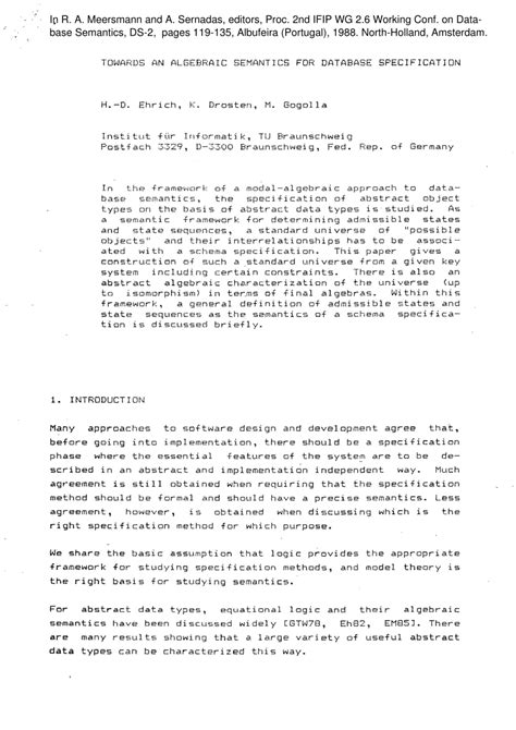 Pdf Towards An Algebraic Semantics For Database Specification