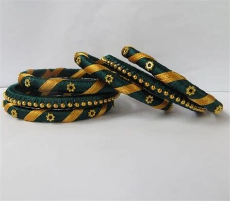 Green And Golden Kundan Ethnic Wear Silk Thread Traditional Bangle Set Round At ₹ 300 Set In