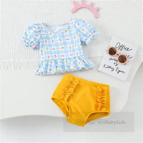 Girls Two Piece Swimsuit Set Floral Plaid Puff Sleeve Top And Ruffle