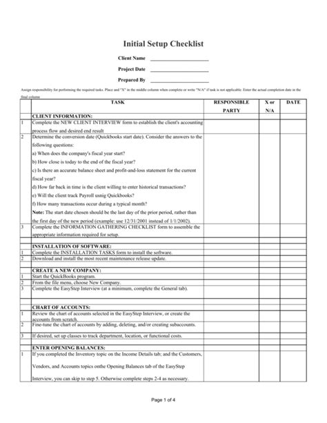 QuickBooks Initial Setup Checklist