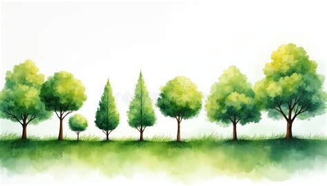 Diverse Green Trees Watercolor Illustration Featuring Various Shapes