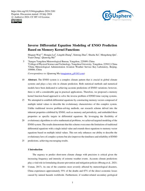 Pdf Inverse Differential Equation Modeling Of Enso Prediction Based On Memory Kernel Functions