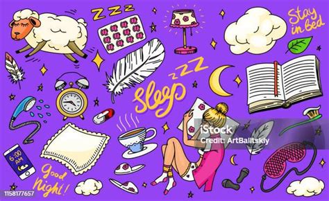 수면 시간 개념입니다 손으로 그린 밤 배경입니다 양 베개 침대에서 꿈에 소녀 구름과 깃털 시계 잠옷 달과 차 낙서 아이콘 표지판의 집합입니다 빈티지 스케치 개체 그룹에 대한