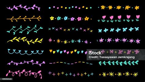 손 그리기 그려진 꽃 식물 네온 추상 낙서 라인 월계관 국경 프레임 분배기 화환 컬렉션 플랫 스타일 무지개 밝은 다채로운 검은 배경 벡터 일러스트 레이 션 팩 요소 세트 0