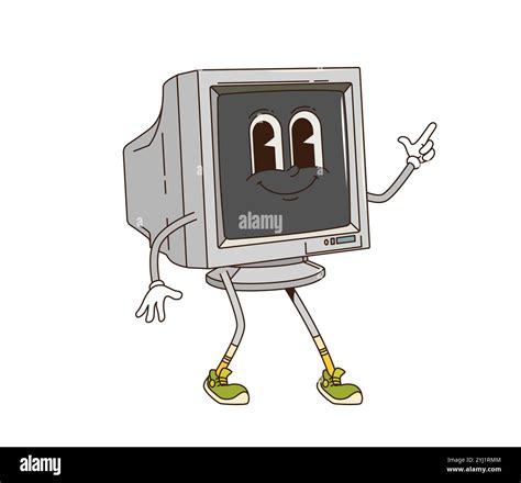 cartoon groovy computer display retro character with funny face vector