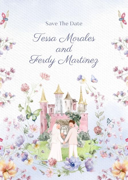 보라색 파스텔 수채화 결혼식 초청서 1 프리미엄 벡터