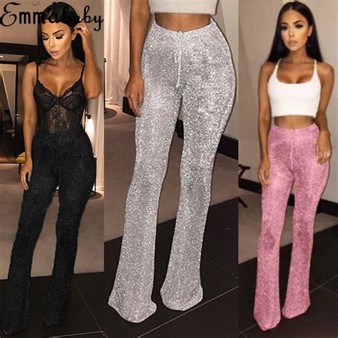 Женские блестящие штаны с блестками штаны с высокой талией модные женские штаны для дискотеки